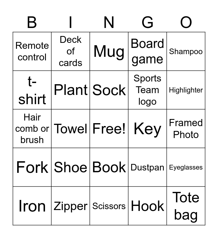 Household Items Bingo Card