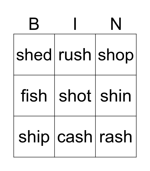sh words Bingo Card