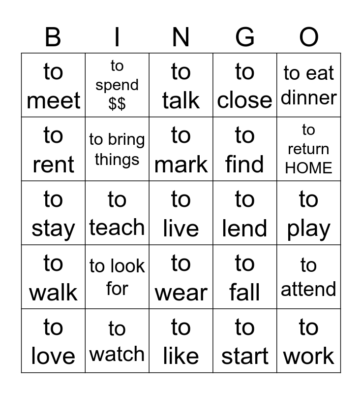 FRENCH 10 "ER" VERB INFINITIVES Bingo Card