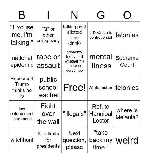 Dysfunctional Debate Bingo Card
