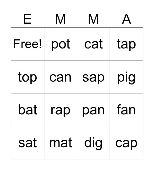 CVC Words BINGO! Bingo Card