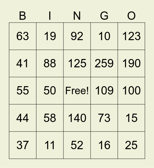 Number Word Bingo Card