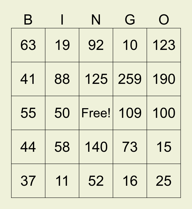 Number Word Bingo Card