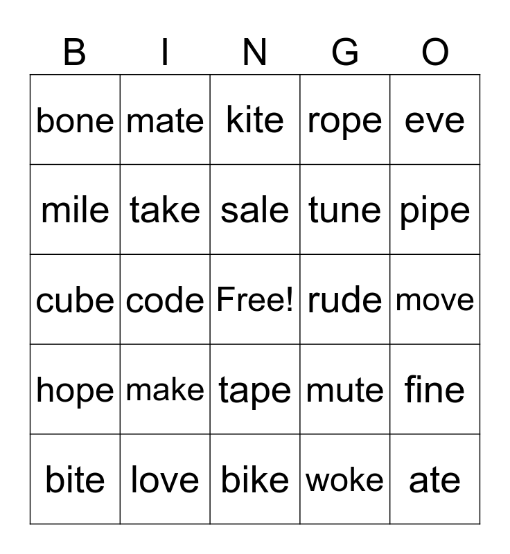 VCe (Magic E) Bingo Card