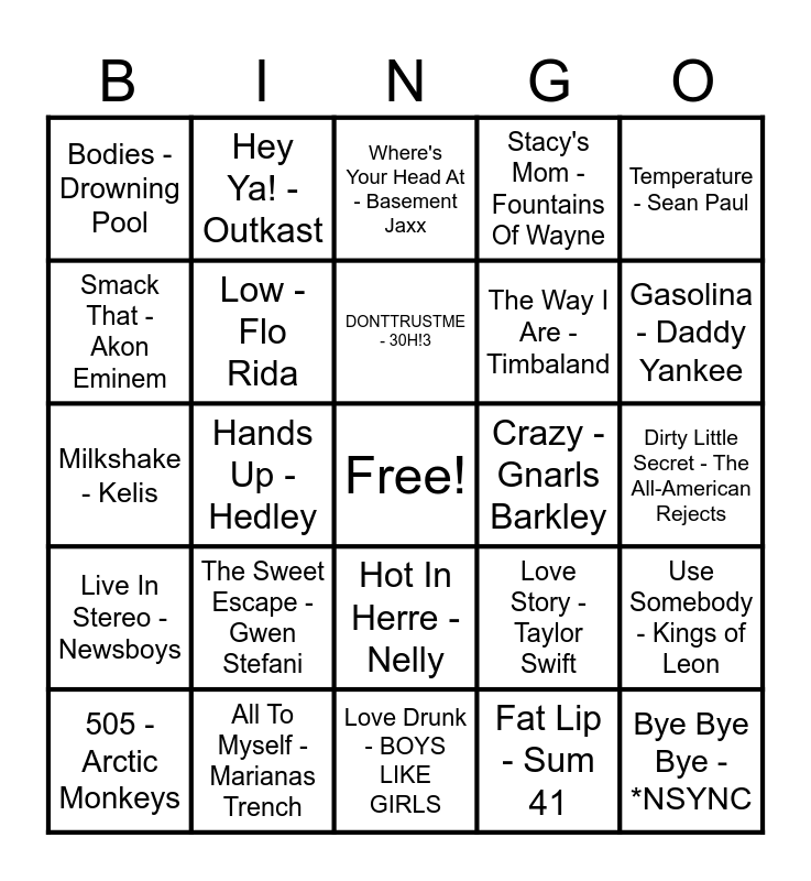 2000s Hits! Bingo Card