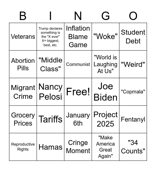 Presidential Debate Bingo 2024 Bingo Card