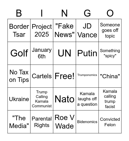 September 10th 2024 Presidential Debate Bingo Card