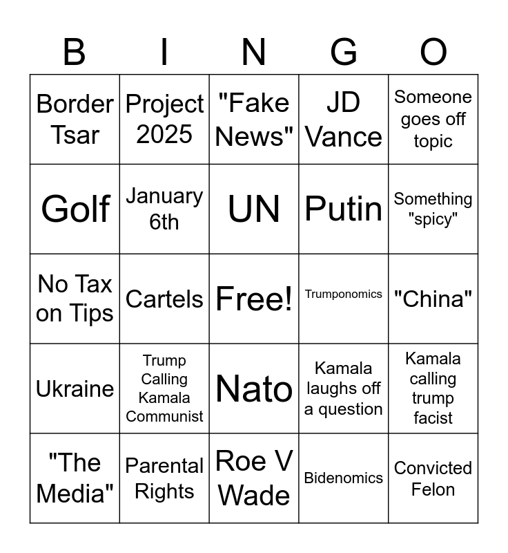 September 10th 2024 Presidential Debate Bingo Card