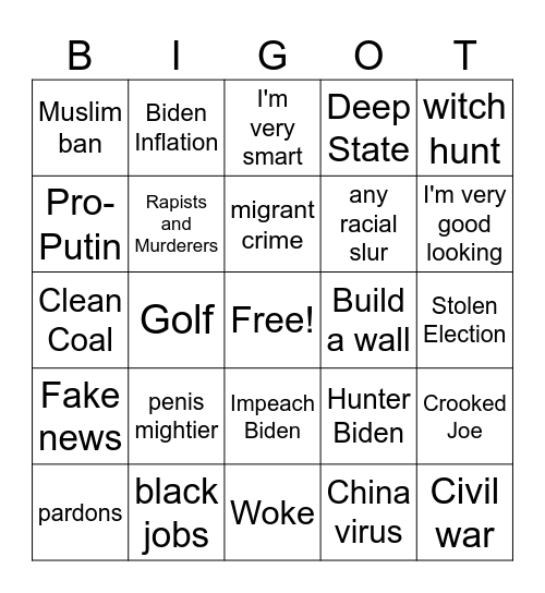 Bigot Bingo Card