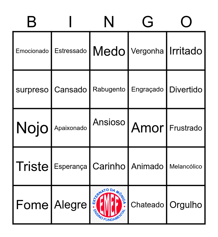 Bingo das Emoções e Sentimentos Bingo Card