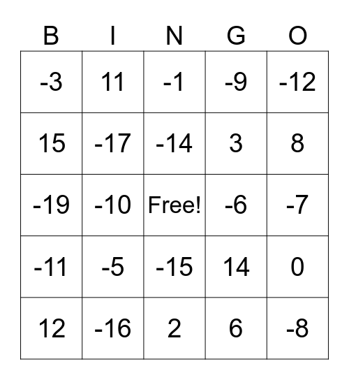 Integer Bingo Card