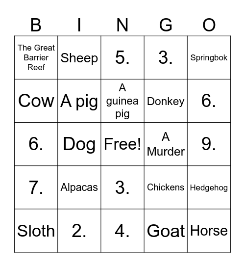 Animal Kingdom Bingo Card