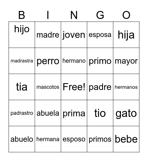 La Familia Vocabulario Bingo Card