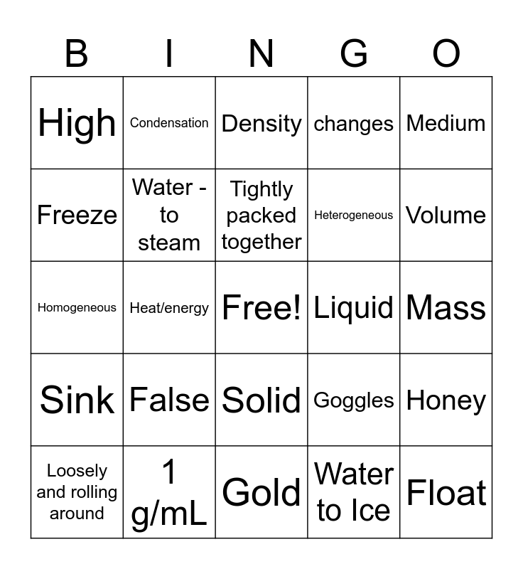 Matter, Mixtures, and Density Bingo Card
