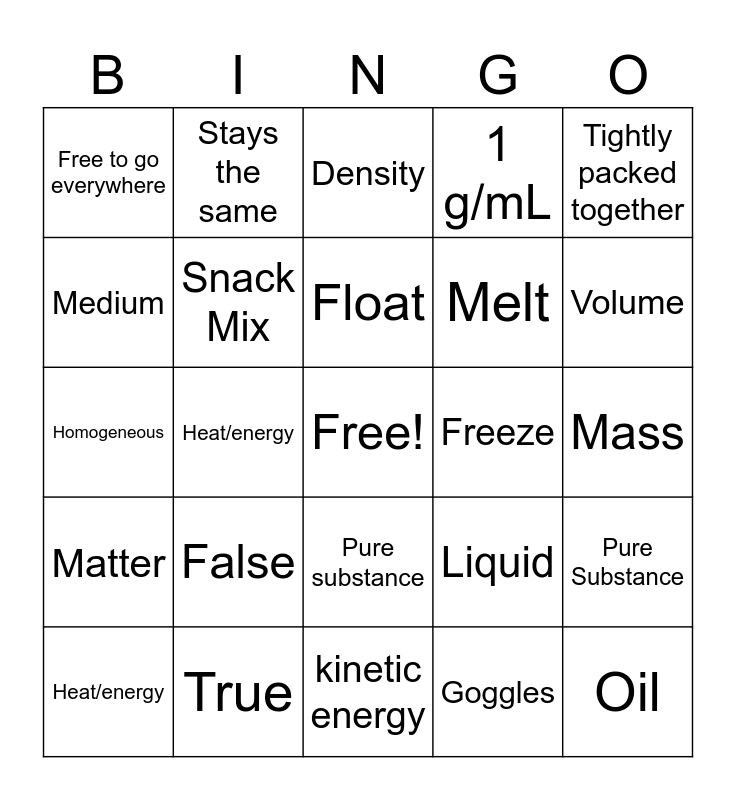 Matter, Mixtures, and Density Bingo Card