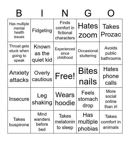Anxiety Bingo Card