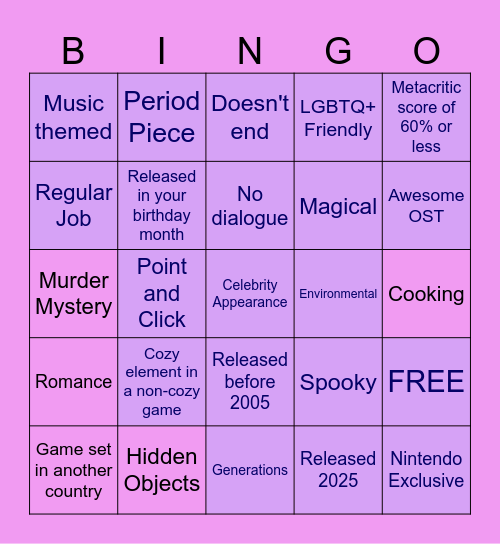 Cozy Video Games Bingo Card