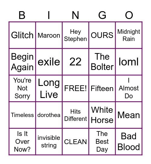 TAYLOR SWIFT SONGS Bingo Card