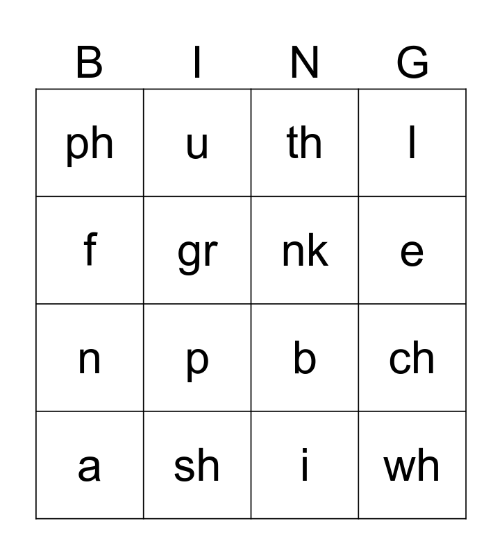 sh,ch,th,ph,wh Bingo Card