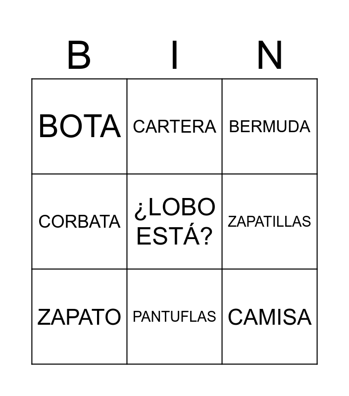BINGO DE ROPA Bingo Card