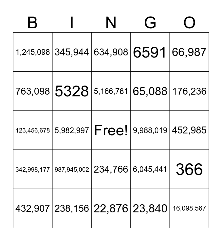 Big Number Bingo Card
