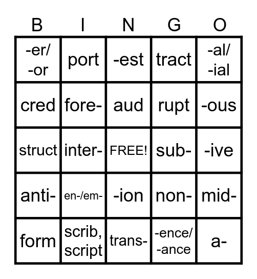 MORPHEME BINGO! Bingo Card