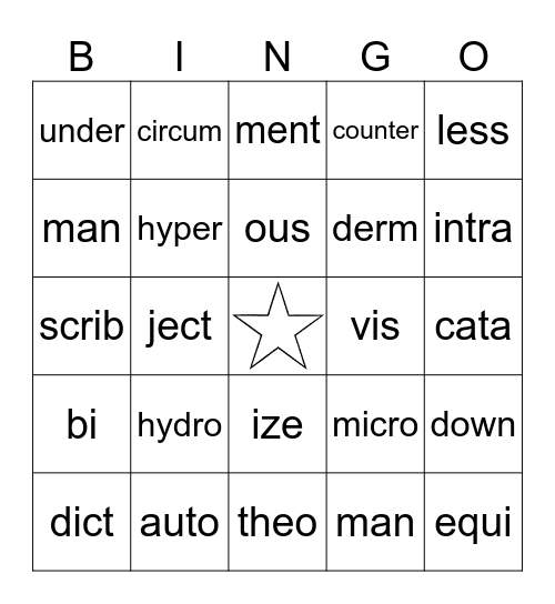 Affixes and Roots Bingo Card