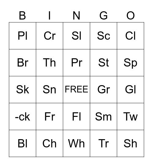 Consonant Blends and Digraphs Bingo Card