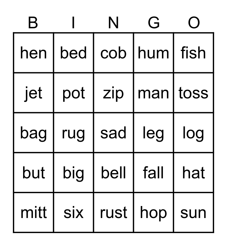 Short Vowel Bingo Card