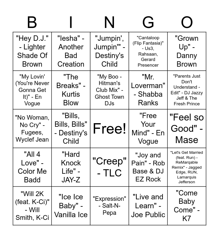 Old School Hip Hop Music Bingo Round #4 Bingo Card