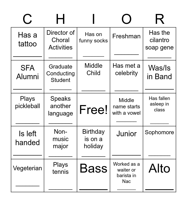 SFA A Cappella Bingo Card