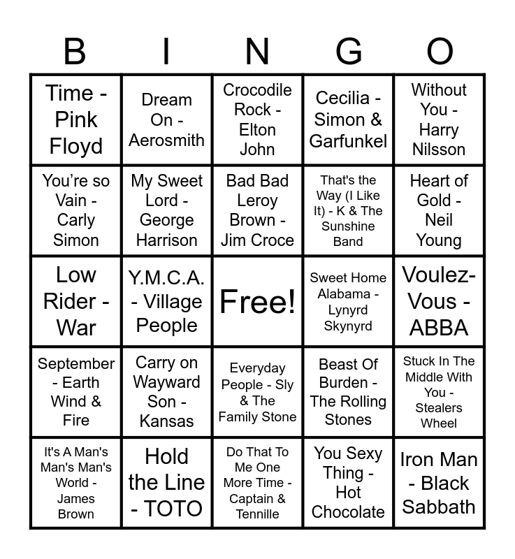 70's Hits! Bingo Card