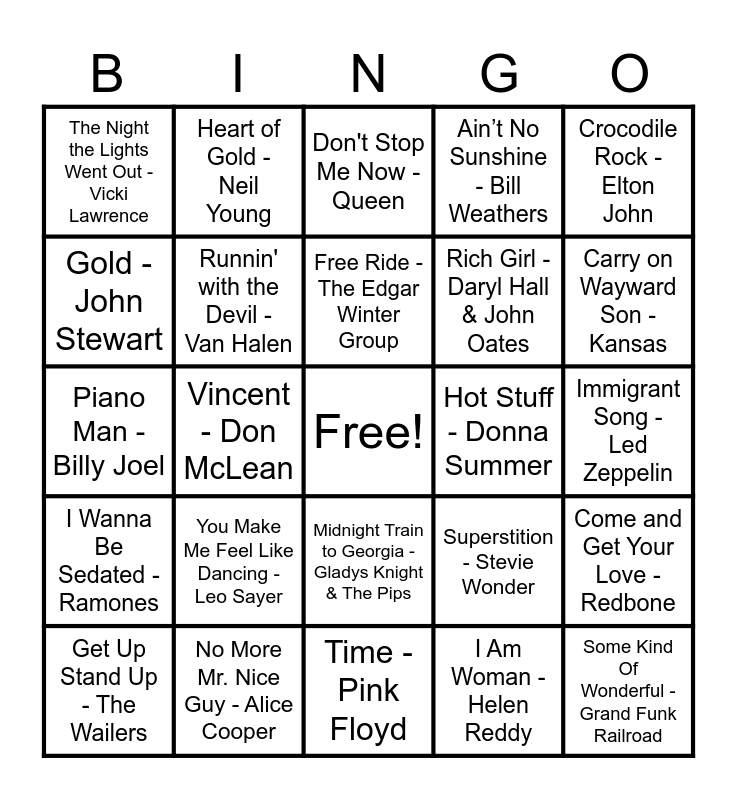 70's Hits! Bingo Card