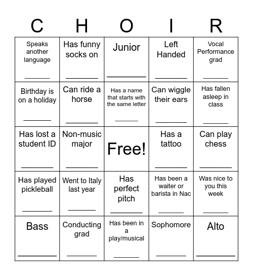 SFA A Cappella Bingo Card