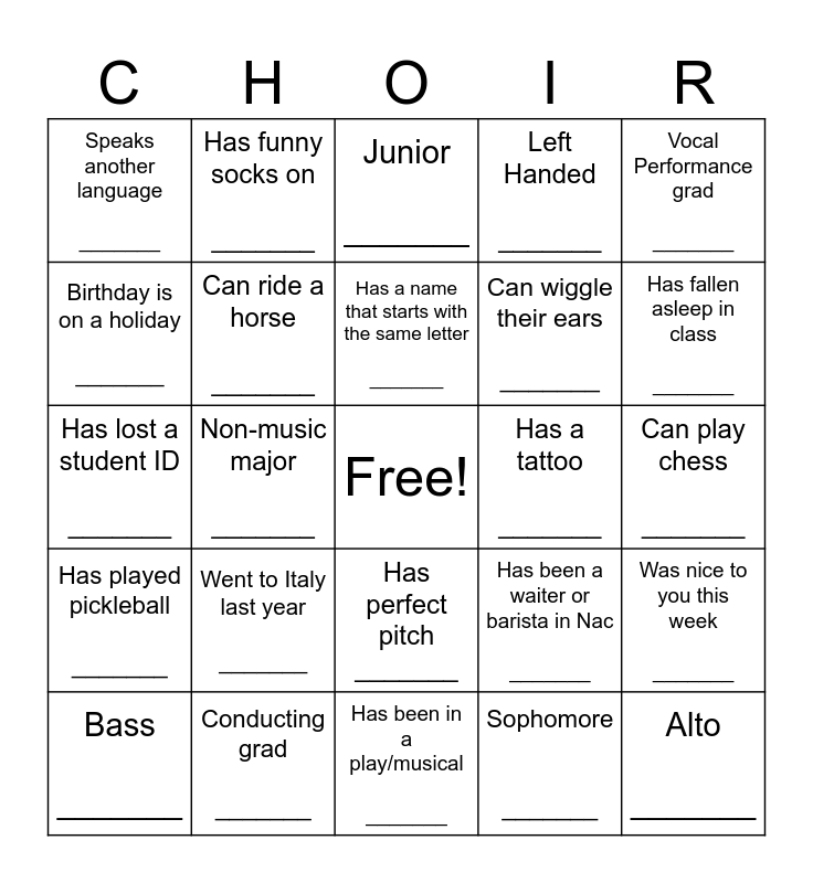 SFA A Cappella Bingo Card
