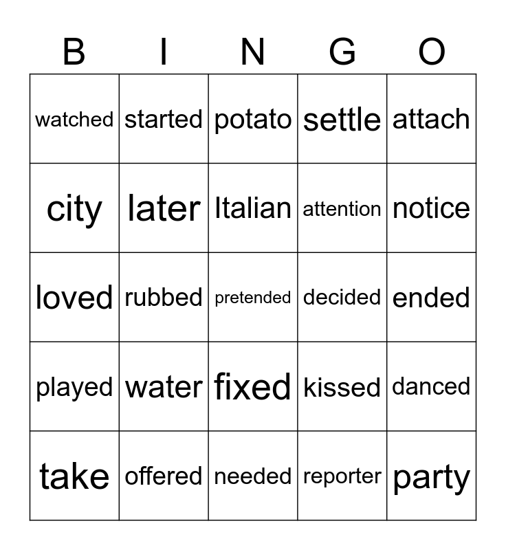 Flap T and -ed Sounds Bingo Card
