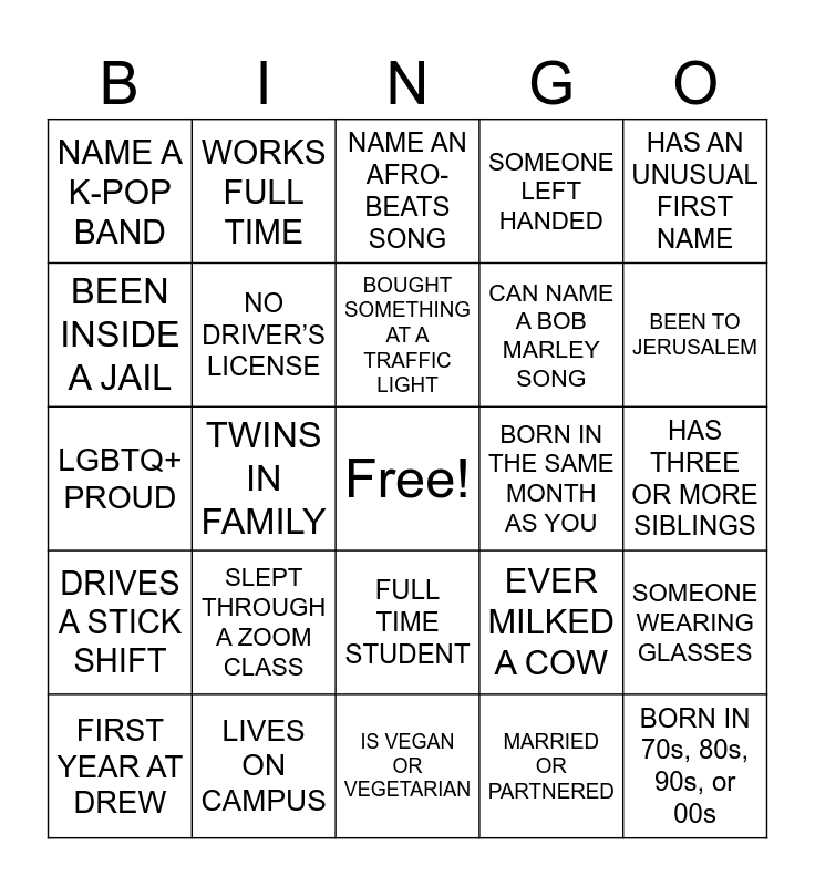 Theo School Human Bingo Card