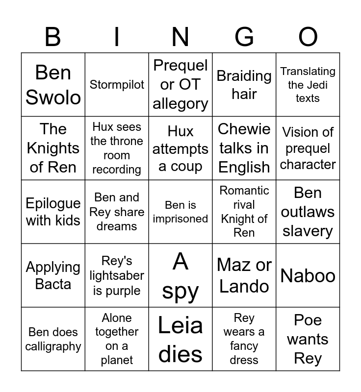 Reylo Fanfic Bingo Card