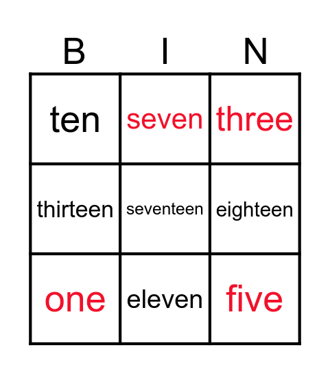 Number 1-20 Bingo Card