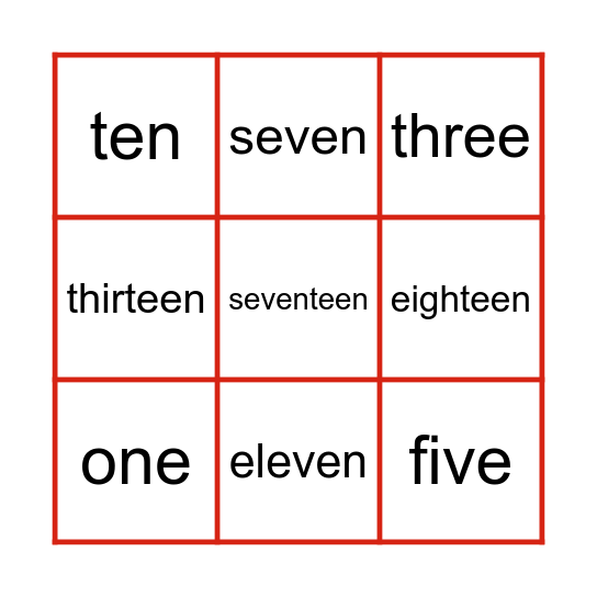 Number 1-20 Bingo Card