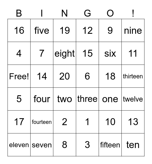 Numbers Bingo Card