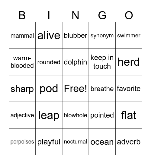Dolphins and Porpoises Word Vocab Bingo Card