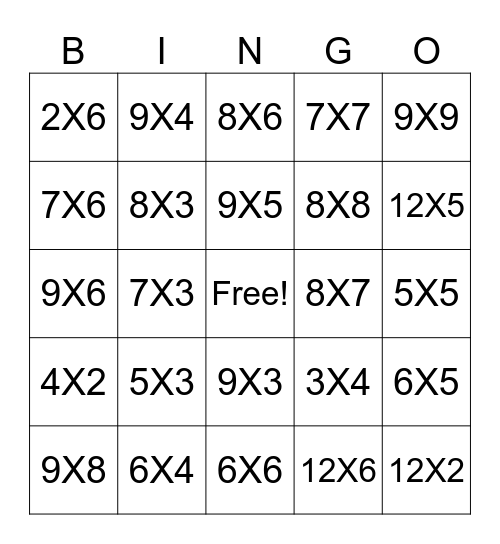 multiplication Bingo Card