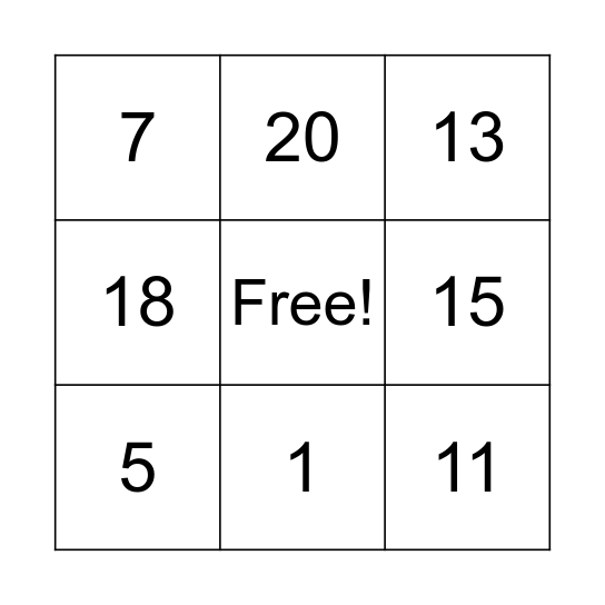 Numbers Bingo Card