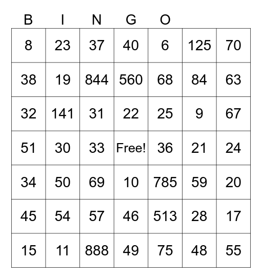 Number Bingo 1-1000 Bingo Card