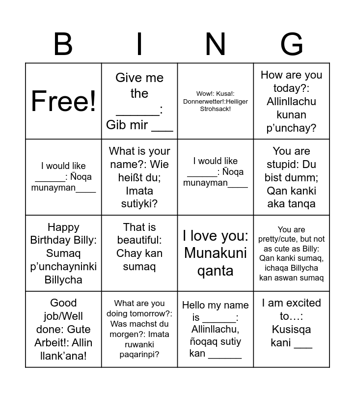 Billy Bingo Card