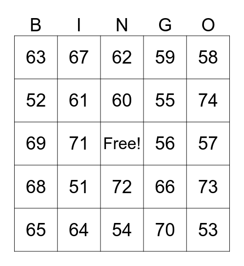 Numbers 51-74 Bingo Card