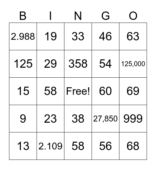 Number Bingo 1-75 Bingo Card