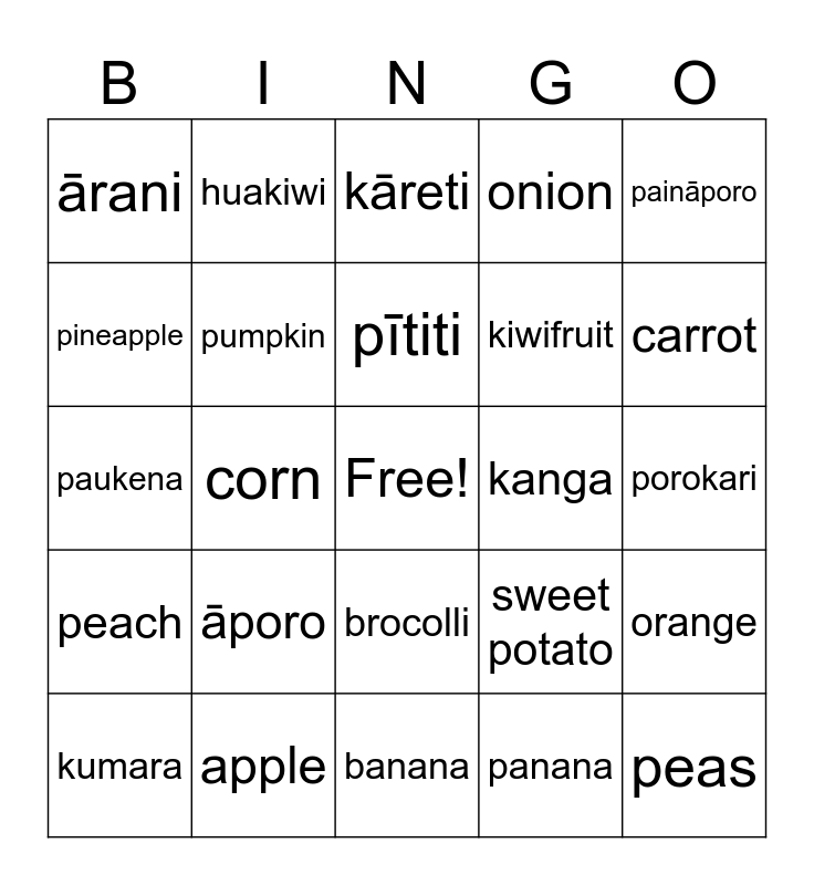 Te Reo Māori Fruit and Vege Bingo Card