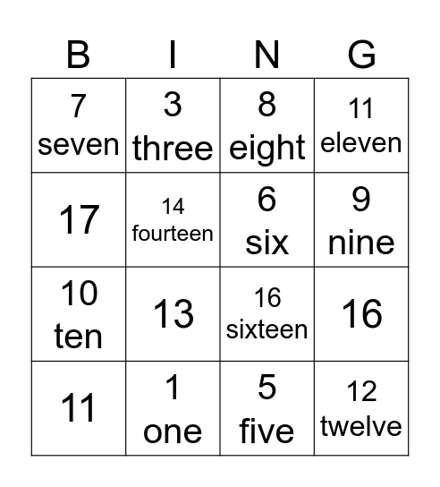 Numbers Bingo Card